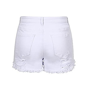 THUNDER STAR Women Mid Rise Ripped Stretchy Jeans Shorts Frayed Raw Hem Casual Denim Shorts White1# L