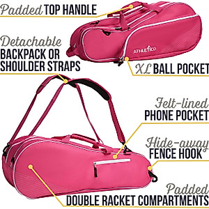 Athletico 6 Racquet Tennis Bag | Padded to Protect Rackets & Lightweight | Professional or Beginner Tennis Players | Unisex Design for Men, Women, Youth and Adults (Pink)