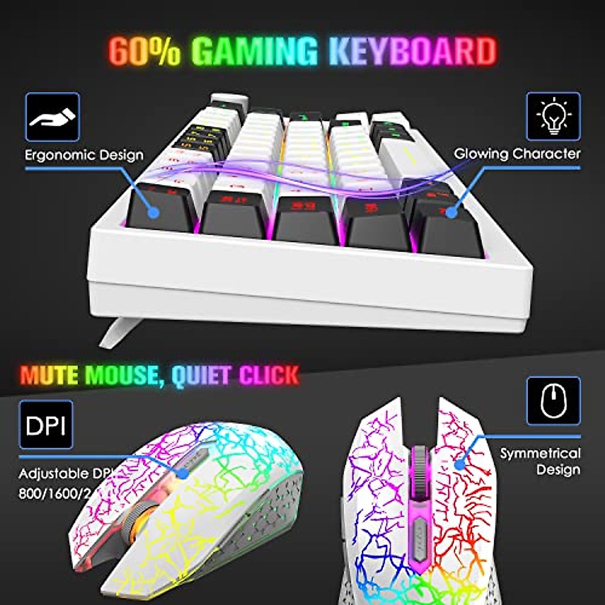 FELICON Small Wireles Gaming Keyboard and Mouse Combo, Rechargeable RGB Backlit 64 Keys Mini Double Color Keyboard and Crack Light Up Mouse, Mouse Pad for PC, MAC, Gamer