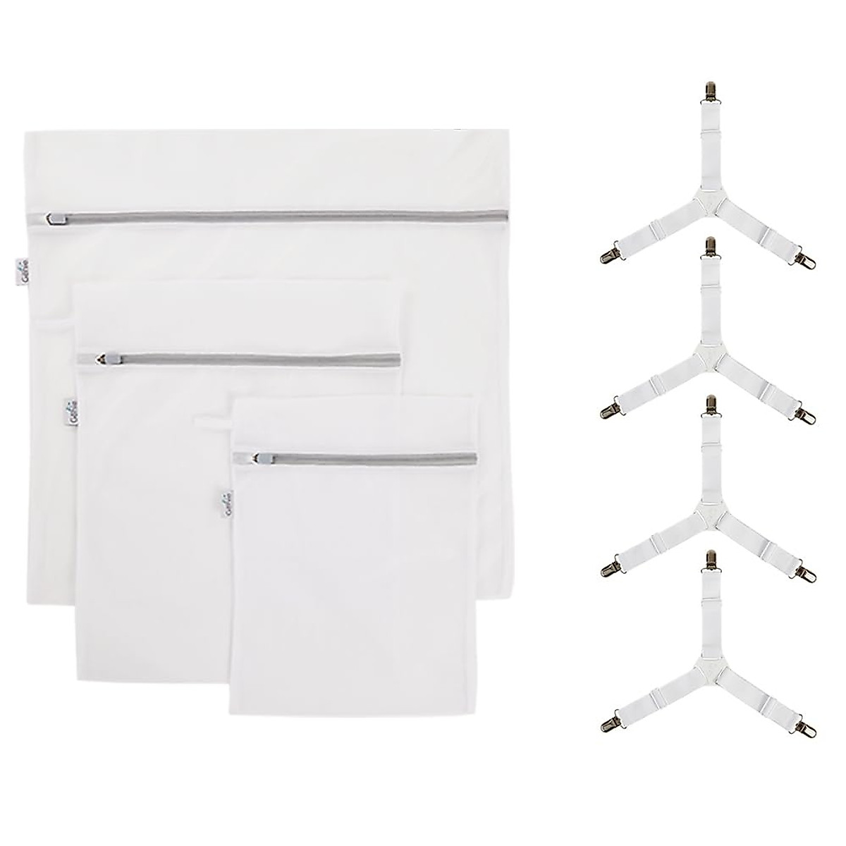 HOME GENIE Durable and Gentle Mesh Laundry Bags for Washing Delicates and Bed Sheet Straps, Bags 3 Pk Medium, Silicone Zipper, Sheet 4 Pack, Easy Install, Both Color White, 2 Item Bundle