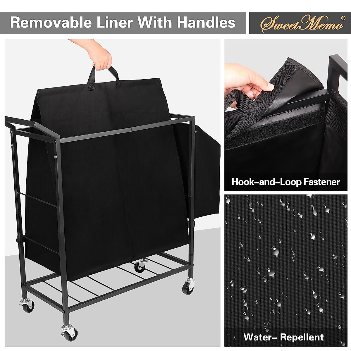 SweetMemo Rolling Laundry Basket with Wheels and Lids, 2 Section Laundry Hamper On Wheels, Heavy Duty Industrial Wheeled Clothes Hampers， Black