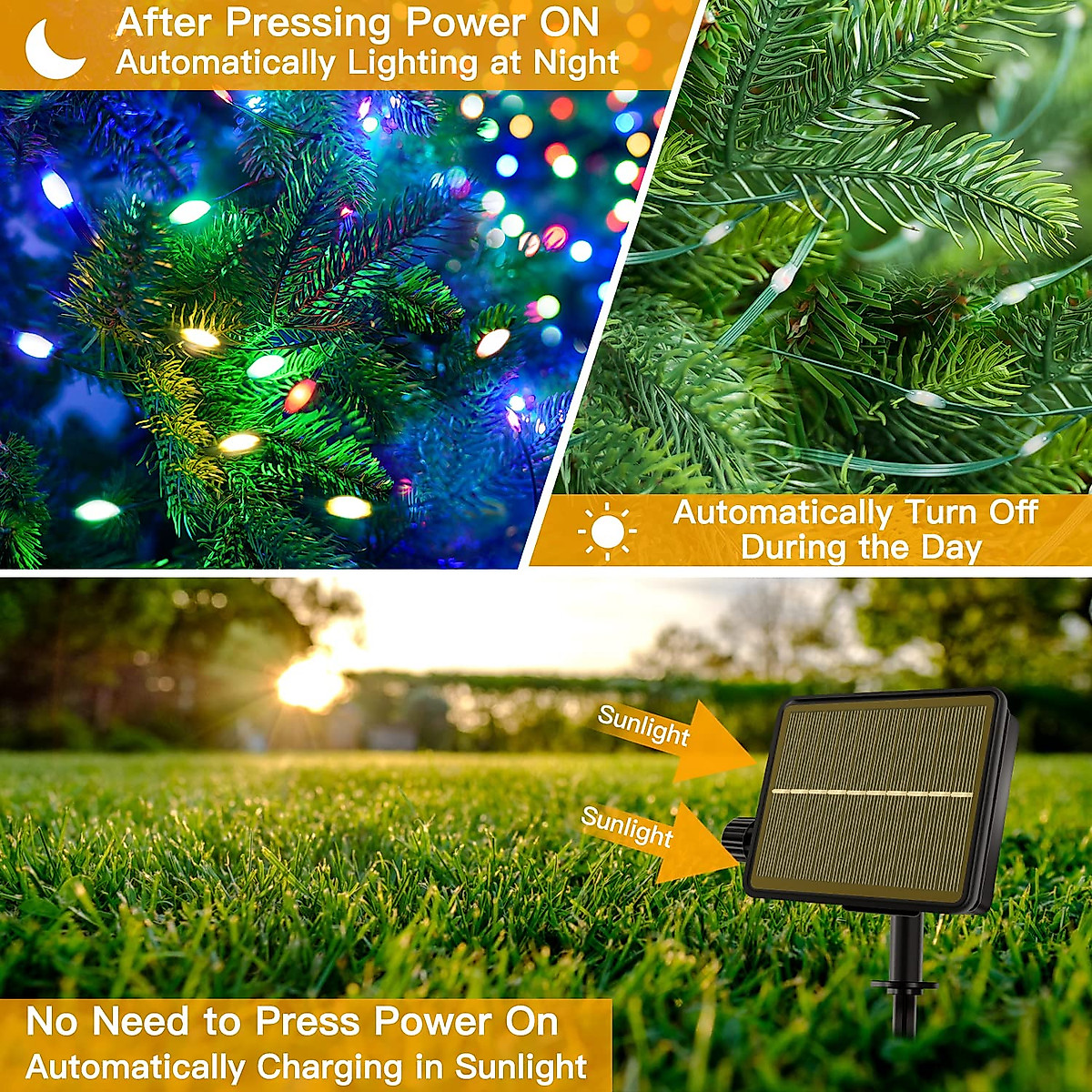 Ollny Solar String Lights Outdoor 2Pack Each 180LED 60FT 11Modes IP67 Waterproof, Warm White & Multicolor Solar Fairy Lights with Timer Memory for Patio Christmas Decorations