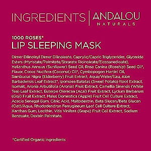 Andalou Naturals Lip Mask 1000 ROSES, Overnight Lip Sleeping Mask for Dry, Chapped Lips, Plumping, Hydrating & Soothing Lip Balm with Alpine Rose Stem Cells, Vegan & Cruelty-Free, 0.42 Oz