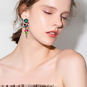 BriLove Women's Wedding Bridal Dangle Earrings Bohemian Boho Crystal Multiple Teardrop Chandelier Long Earrings Gold-Tone Multicolor Colorful