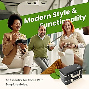 Adult Bento Box Lunch Box with Containers & Utensils - Leak Proof Bento Lunch Box for Adults - 2-Compartments w/ Handles, Sturdy, BPA-Free, Indoor, Outdoor, Gym, 5" x 7" x 4.5", Black Food Container