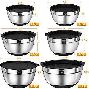 Umite Chef Mixing Bowls with Airtight Lids, 26Pcs Stainless Steel Bowls Set, 3 Grater Attachments & Black Non-Slip Bottoms Size 7, 4, 2.5, 2.0,1.5, 1QT, Great for Mixing & Serving