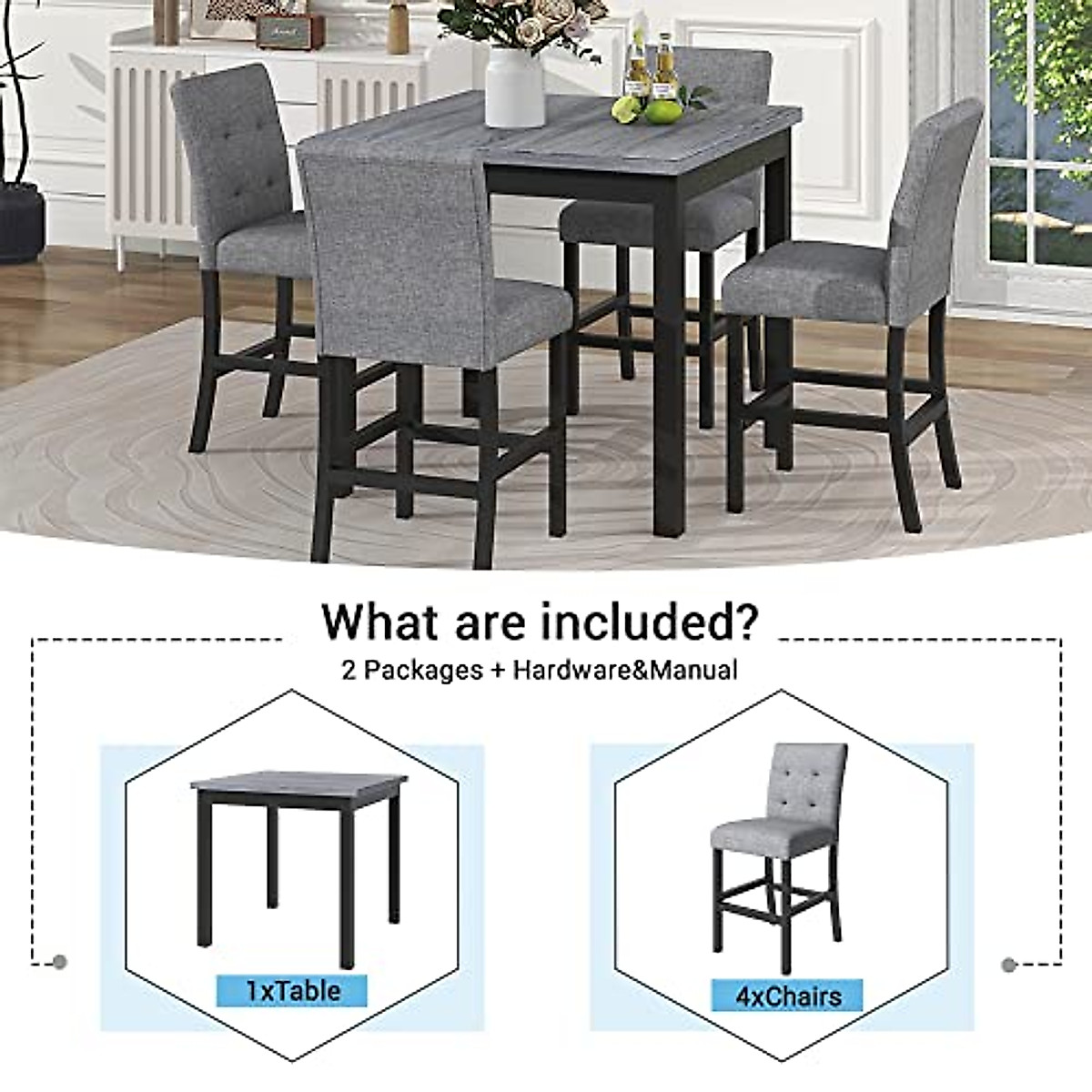 Merax 5-Piece Wooden Counter Height Dining Set,Square Dining Room Table and Chairs Stools w/Footrest and 4 Upholstered High-Back Chairs,(Black+Gray)