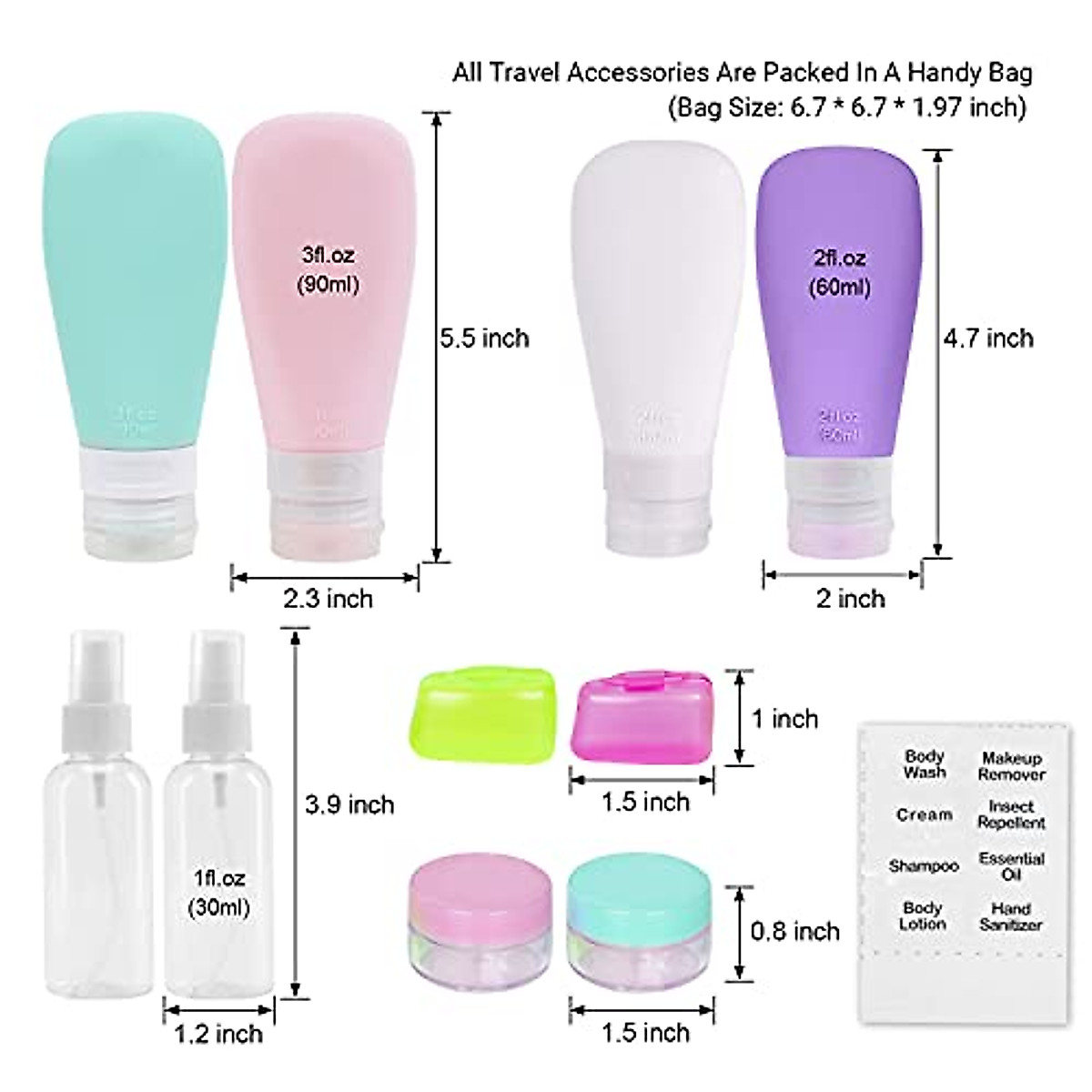 sowinlar 12 Pack Travel Bottles Set for Toiletries，TSA Approved Silicone Leak Proof Refillable Travel Containers, Squeezable Travel Kit,Travel Size Bottles for Toiletries Shampoo Soap 3 oz