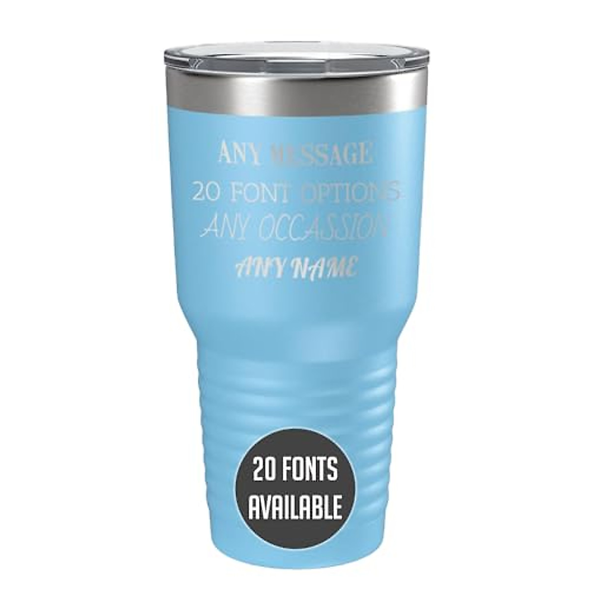 Personalized 30oz (17 Colors) Powder Coated Insulated Stainless Steel Tumbler with Lid, Custom Etched, Customized Text Message Name, Engraved Gift Idea Women Men Him Her, Your Text Here (Light Blue)