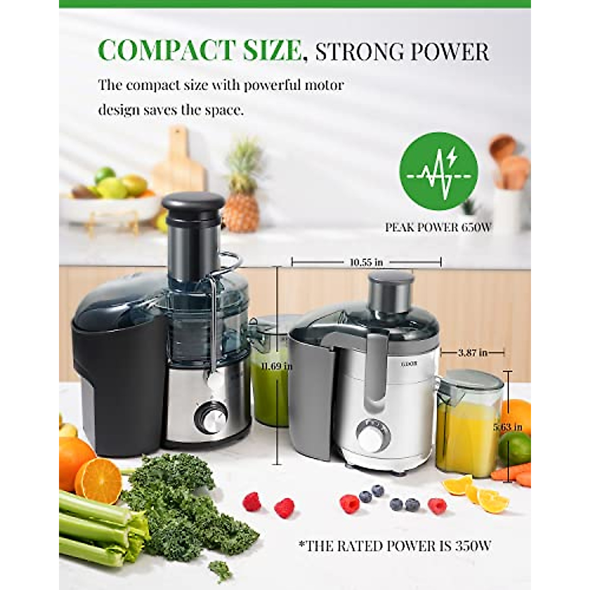 Juicer with Titanium Enhanced Cut Disc, GDOR Dual Speeds Centrifugal Juice Maker Machines with 2.5" Feed Chute, for Fruits and Veggies, Anti-Drip, Includes Cleaning Brush, BPA-Free, White
