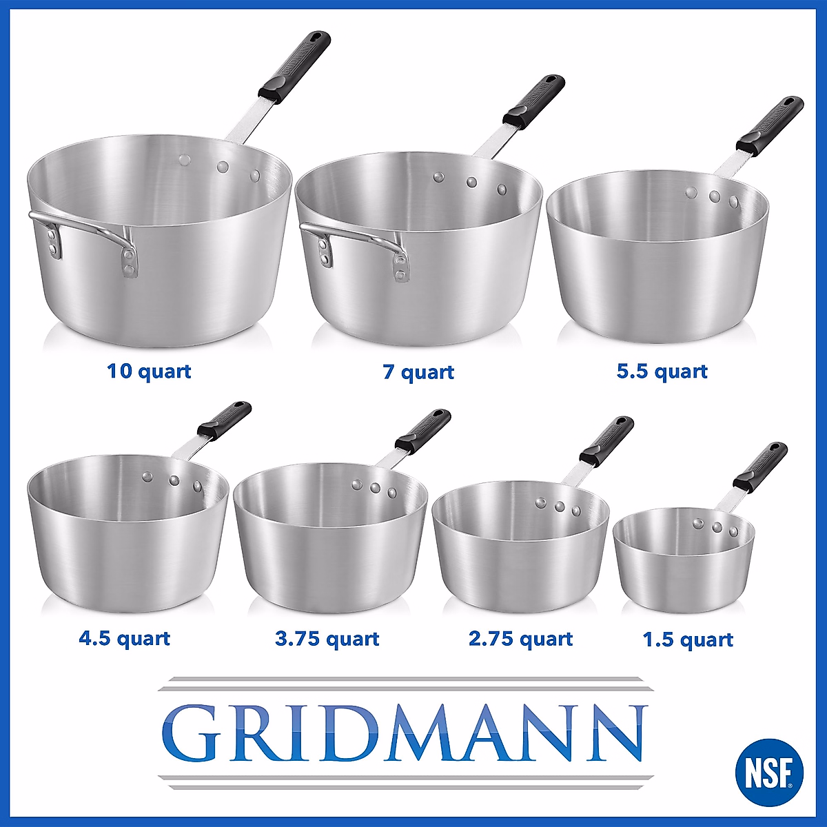 GRIDMANN 10-Quart Tapered Aluminum Sauce Pan with Silicone Handle, NSF Listed Heavy Duty Professional Cookware
