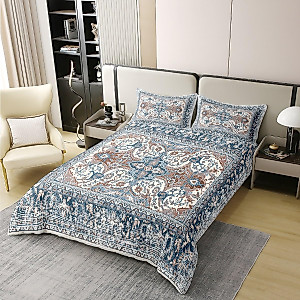 100% Cotton Antique Duvet Cover Twin, Boho Bedding Set, Blue Brown Damask Floral Bohemian Flowers Retro Comforter Cover, Exotic Tribal Medallion Egyptian Bedroom Decor Quilt Cover