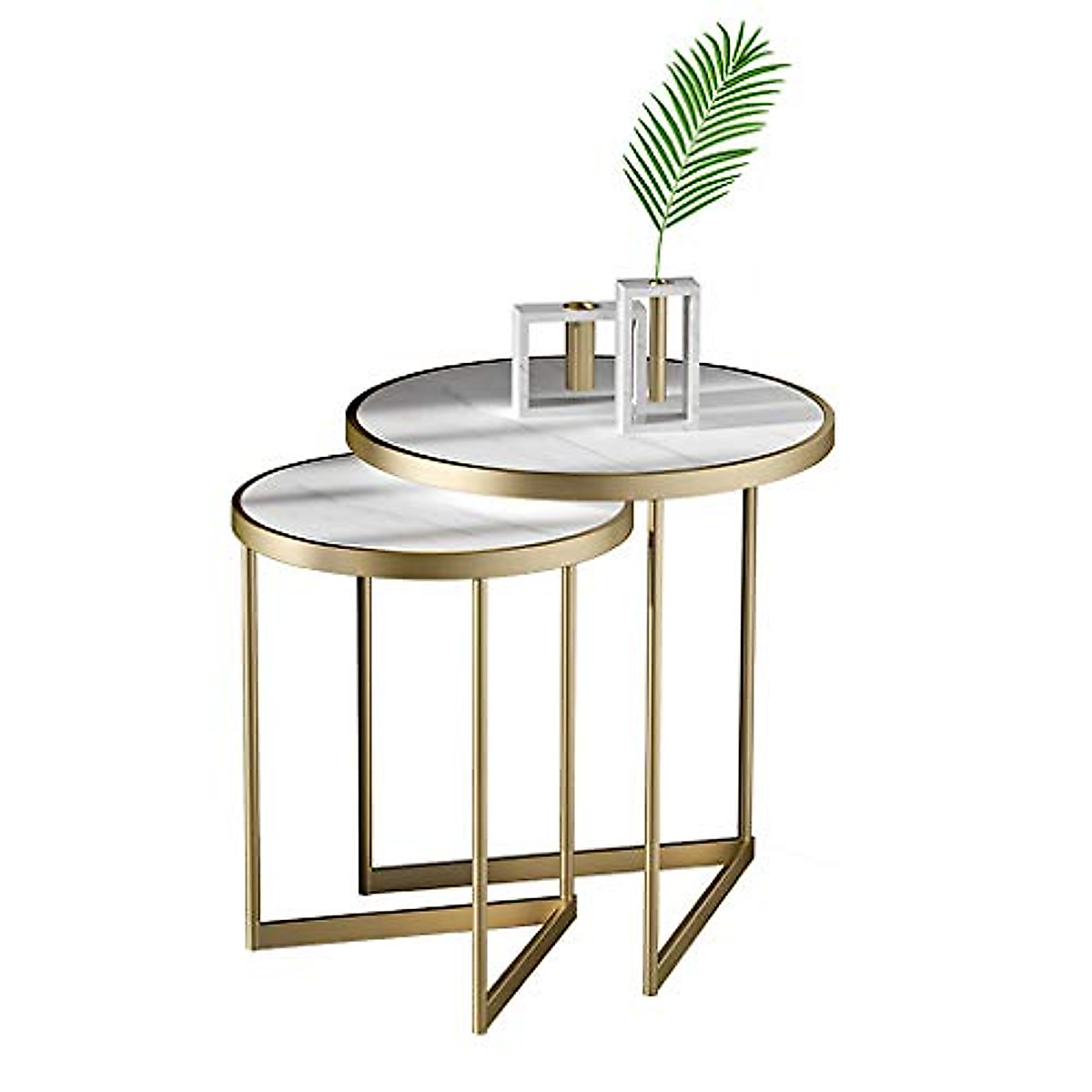 Articles for daily use Nesting Coffee Table White Living Room Coffee Table, Slate Sofa Side Coffee Table Round Coffee Table, Matte Gold Metal Frame Home Decoration 2 Piece Bedside Table