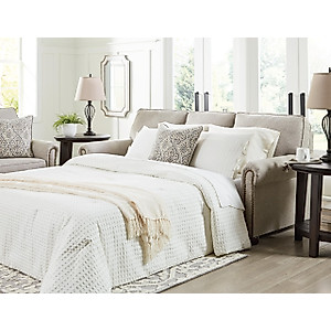 Signature Design by Ashley Gaelon Transitional 2-in-1 Sofa Sleeper with Folding Gel Memory Foam Mattress, Nailheads and 2 Accent Pillows, Queen, Beige