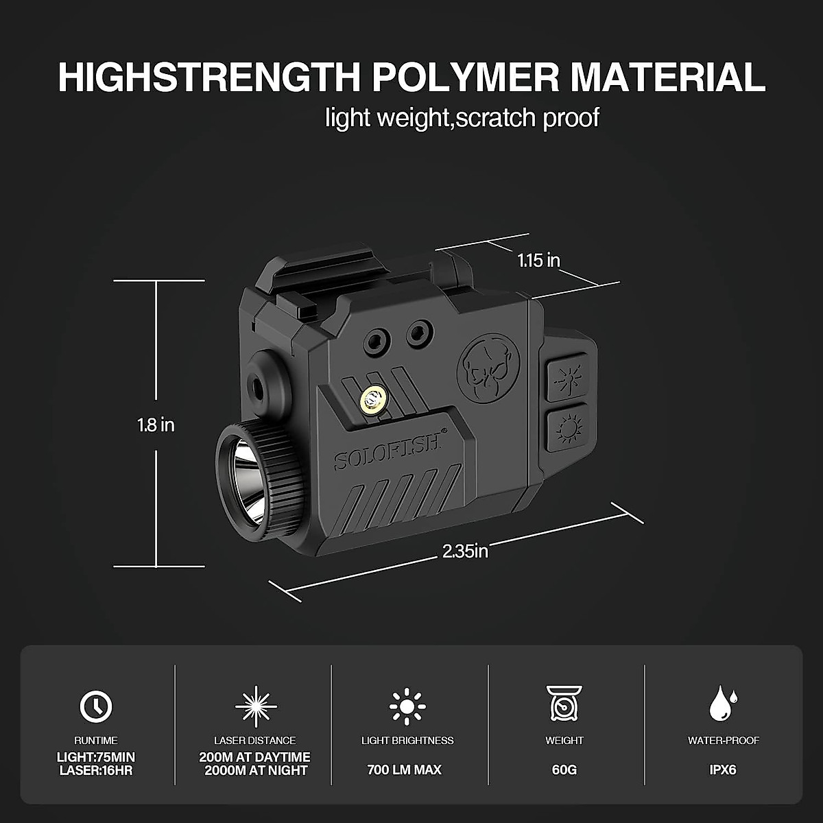 Solofish 700 Lumens Pistol Light Laser Combo, Strobe & Memory Function for Green/Red/Blue Laser and Tactical Light with Slidable Rail Fits Full Size & Compact Guns w/Rail