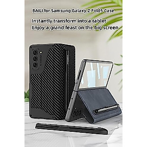 BAILI Galaxy Z Fold 5 Case with S Pen Slot,Galaxy Z Fold5 Flip Holster with HD Screen Film and Attached Card Slot,Instantly Converts Into Phone Bracket Cover for Samsung Z Fold 5-Carbon Fiber Black