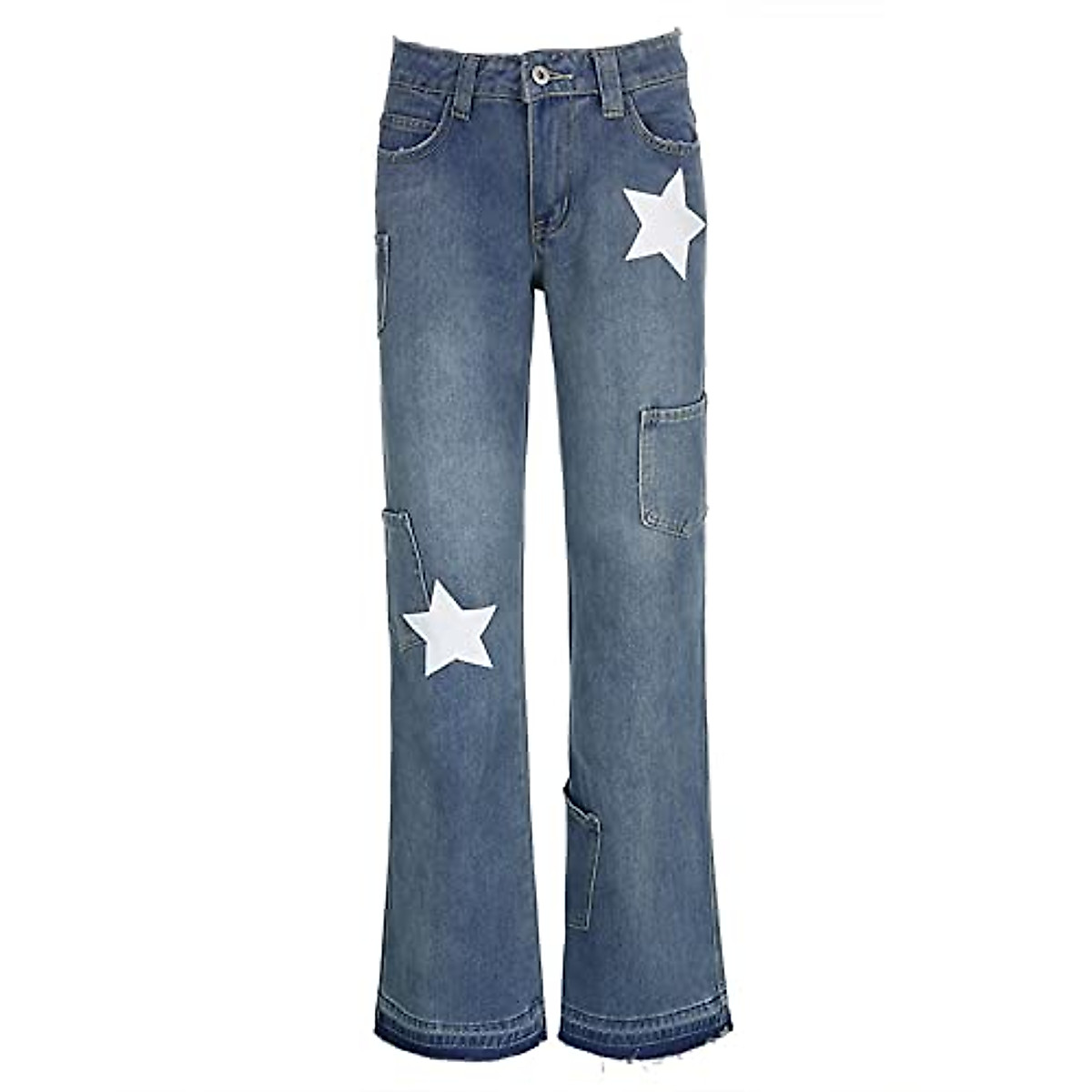ETATNG Womens Star Print High Waist Baggy Cargo Jeans with Slant Pocket Vintage Y2K Straight Leg Distressed Denim Blue L