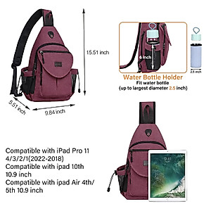 MOSISO Sling Backpack,Canvas Crossbody Hiking Daypack Bag with Anti-theft Pocket, Wine Red