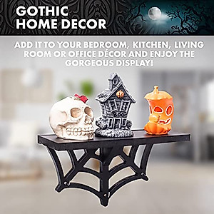 CEFRECO Spider Web Floating Shelf - Gothic Halloween Hanging Shelf with Hooks for Wall Oddities and Curiosities - Black Spooky Goth Wall Decor for Kitchen and Home - Crystal Display Shelf for Stones