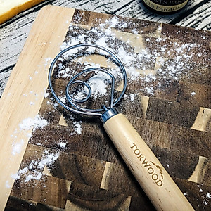 Torwood Danish Dough Whisk Bread Mixer Large 13.5 inches Stainless Steel Wooden Dutch Hook for Baking, Loaves, Pastries and Pizza, comes with a Dough Scraper