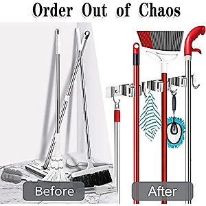 Piyl Mop Broom Holder Wall Mount Heavy Duty Hooks Hanger 17” Stainless Steel Organizer for Home Laundry Bathroom Kitchen Garage Garden Utility Tools Rack Storage Durable