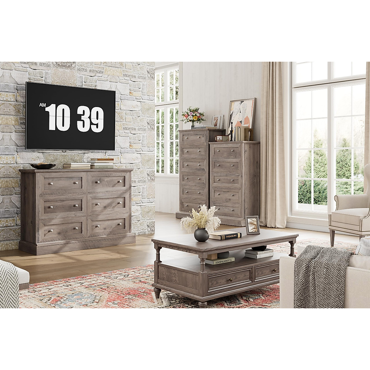 FACBOTALL Modern 6 Drawer Double Dresser, Wood Dresser Chest, Wide Chest of Drawers with Deep Drawers & Mental Double Handles for Hallway Living Room, Wash Gray