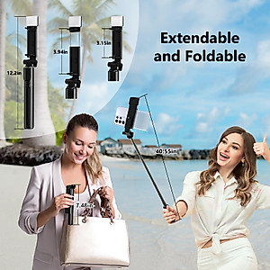 Selfie Stick, 40 in Retractable Phone Tripod with Wireless Remote Control & Light, Portable Selfie Stick Tripod for Photograph, Live Streaming, Video Recording, Compatible with All Cellphones