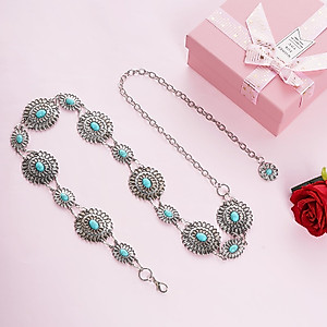 Topbuti Western Metal Oval Concho Chain Belt for Women Cowgirl Turquoise Waist Chain Belt for Dresses Jeans Western (Green)