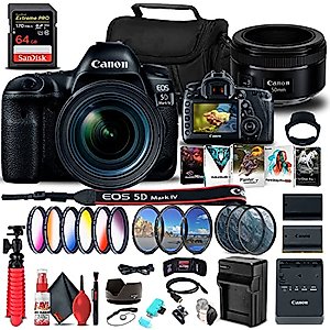 Canon EOS 5D Mark IV DSLR Camera with 24-70mm f/4L Lens (1483C018) + Canon EF 50mm Lens + 64GB Memory Card + Color Filter Kit + LPE6 Battery + External Charger + Card Reader + More (Renewed)