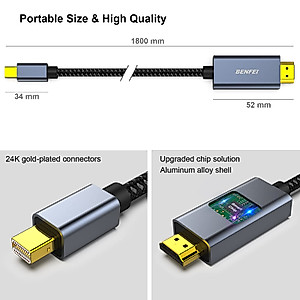 BENFEI Mini DisplayPort to HDMI 6 Feet Cable [4K@30Hz, Aluminum Shell, Nylon Braided] Compatible with MacBook Air/Pro, Microsoft Surface Pro/Dock, Monitor, Projector and More