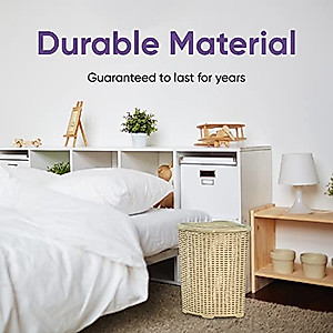 Plastic Corner Laundry Hamper with Lid, Curved Designed Laundry Basket, 2 Pack Triangle Beige Cloths Hamper Organizer with Cut-out Handles for Laundry Room Bedroom Bathroom, Wicker Design, 50 Liter