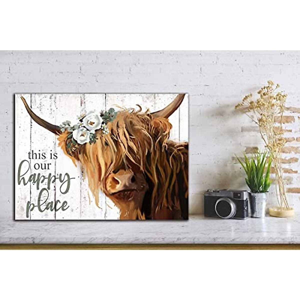 Highland Cow Wall Art - This Is Our Happy Place Inspirational Canvas Poster for Home - Long Haired Scottish Cow with White Flower Picture Farmhouse Kitchen Decor Framed (10"x15")