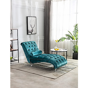 TRIPLE TREE Leisure Concubine Sofa with Acrylic Feet for Adults, Velvet Barrel Sofa with Lumbar Support Pillow, Traditional Design Chaise for Home Living Room, Bedroom, Reading Room, Office, Teal
