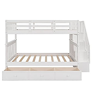 Full Over Full Bunk Beds with Drawers and Stairs Wood Bunk Bed Frame with Storage for Kids Teens Adult, Detachable Bunked for Boys Girls Women Men, White