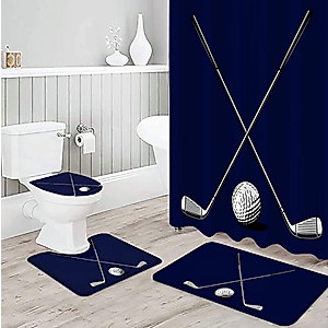 LiDU Golf Club 4 Pcs Shower Curtain Set, 36" x 72" Waterproof Shower Curtains with 12 Hooks, Golf Sport Navy Blue Modern Abstract Art Bathroom Sets with Shower Curtain and Rugs
