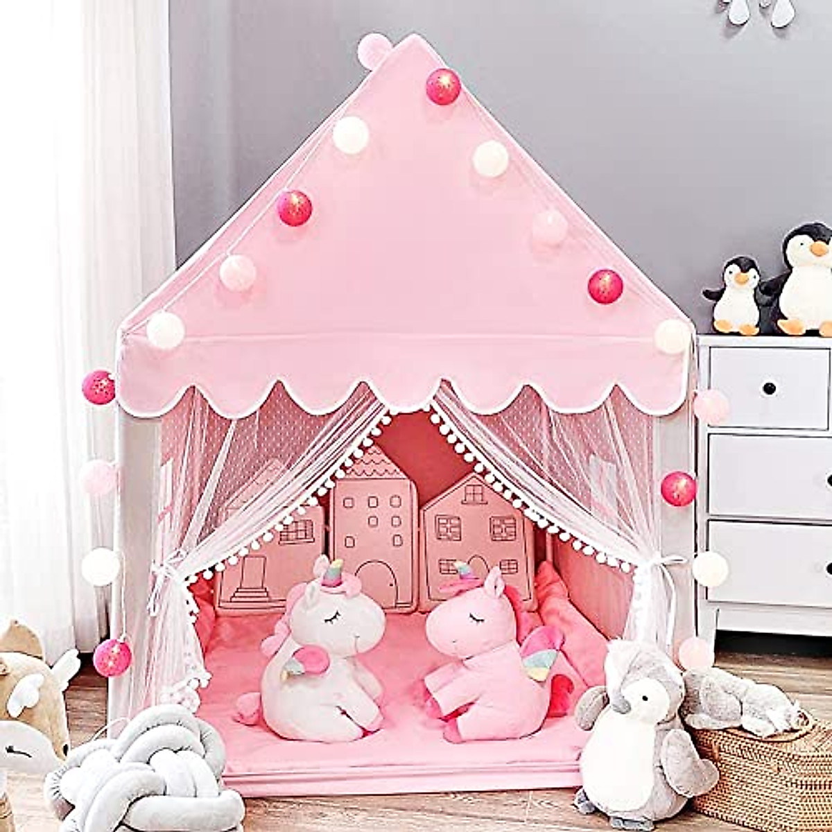 Kids Play Tent for Girls, Toddler Tent Princess Castle Pink Tent Large Playhouse Tent Indoor Fairy Tent with Star Lights