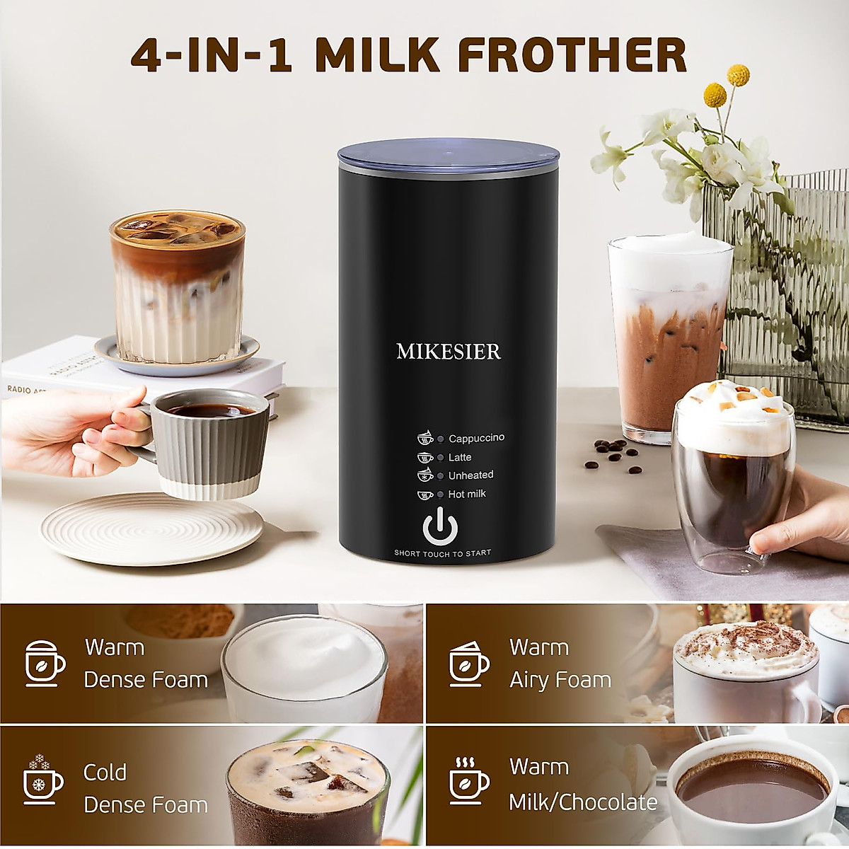 Milk Frother, 4 in 1 Electric Milk Frother and Steamer, Stainless Steel Automatic Hot and Cold Foam Maker with Temperature Control for Coffee, Latte, Hot Chocolate, Cappuccinos, Macchiato, Black