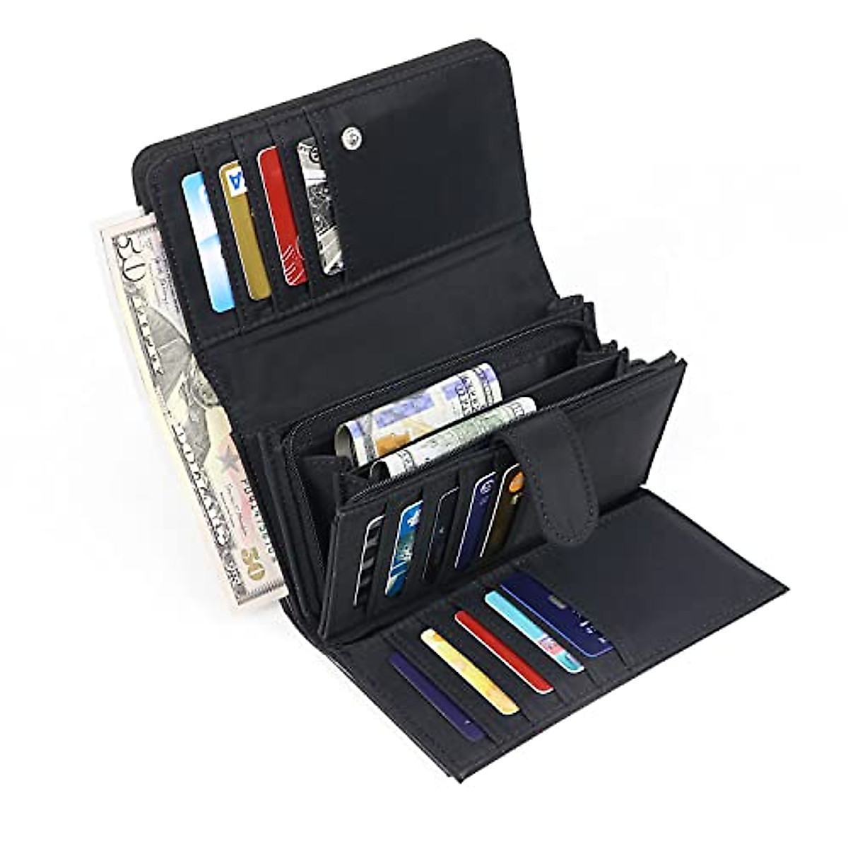 Fanna Small Compact Wallet for Women, Large Capacity Multi Card Clutch Organizer with Zipper Pocket (Black)