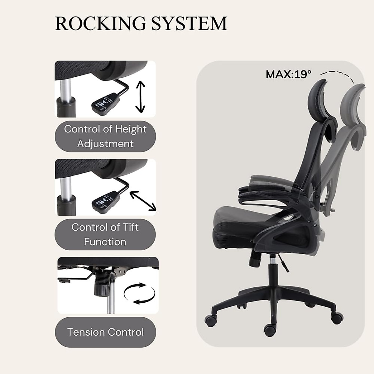 Ergonomic Office Desk Chair with Wheels High Back Computer Task Chair Home Mesh Swivel Desk Chair with Adjustable Back Height Flip up Arms Lumbar Support Headrest for Home/Study/Working