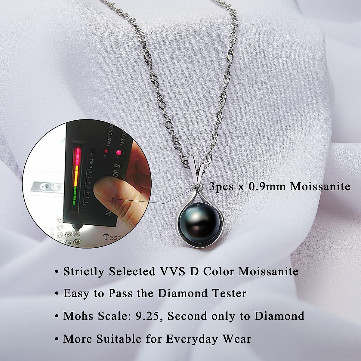 Red Lychee Genuine Black Pearl Necklace AAAA Quality 10 mm Round South Sea Cultured Tahitian Black Pearl Pendant Necklace with Certified Moissanite Gift for Women Wife Mom 18 inches