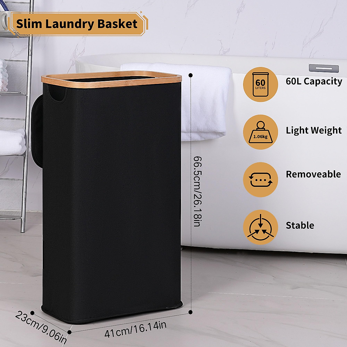 iEGrow 60L Slim Laundry Hamper with Lid,Black Hampers for Laundry,Narrow Laundry Basket with Removable Inner Bag & Bamboo Handles,Tall Thin Clothes Hamper for Clothes Toys Towels Organization