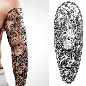 Tatodays 2 x Temporary tattoo full arm caribbean pirate kraken stick on body art transfer for women and men cosplay halloween adult temp tattoo for arms fancy dress