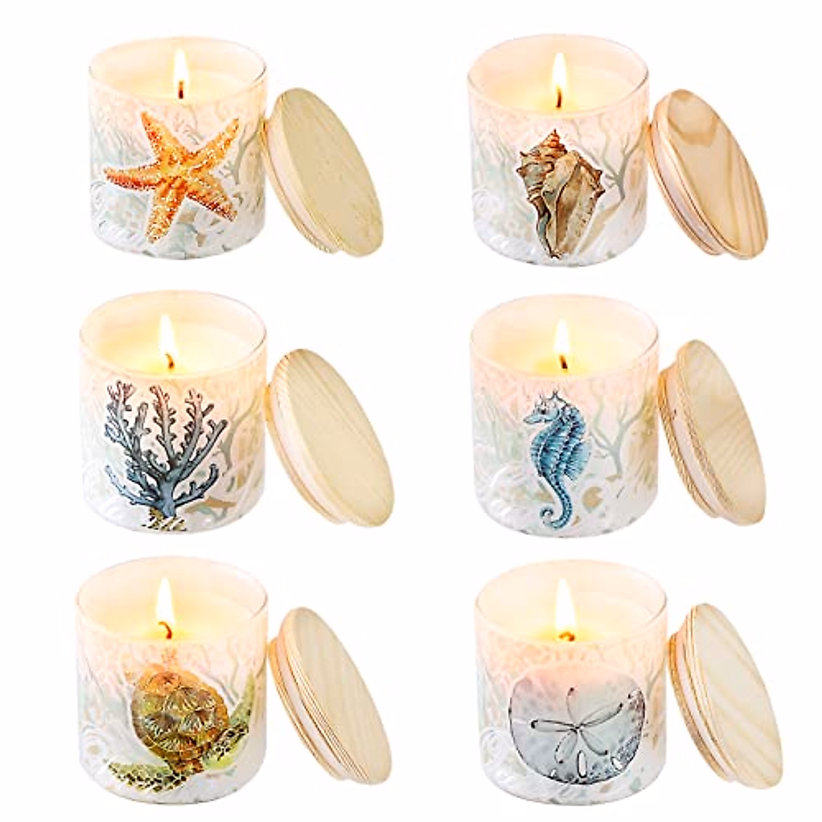 Jar Candles Scented with Lid Gift Set of 6 Ocean Theme Jar Different Fragrance Candles Soy Wax Aromatherapy Jar Candles Take Harsh Smells Away Candles for Home Scented Stress Relief and Relaxation