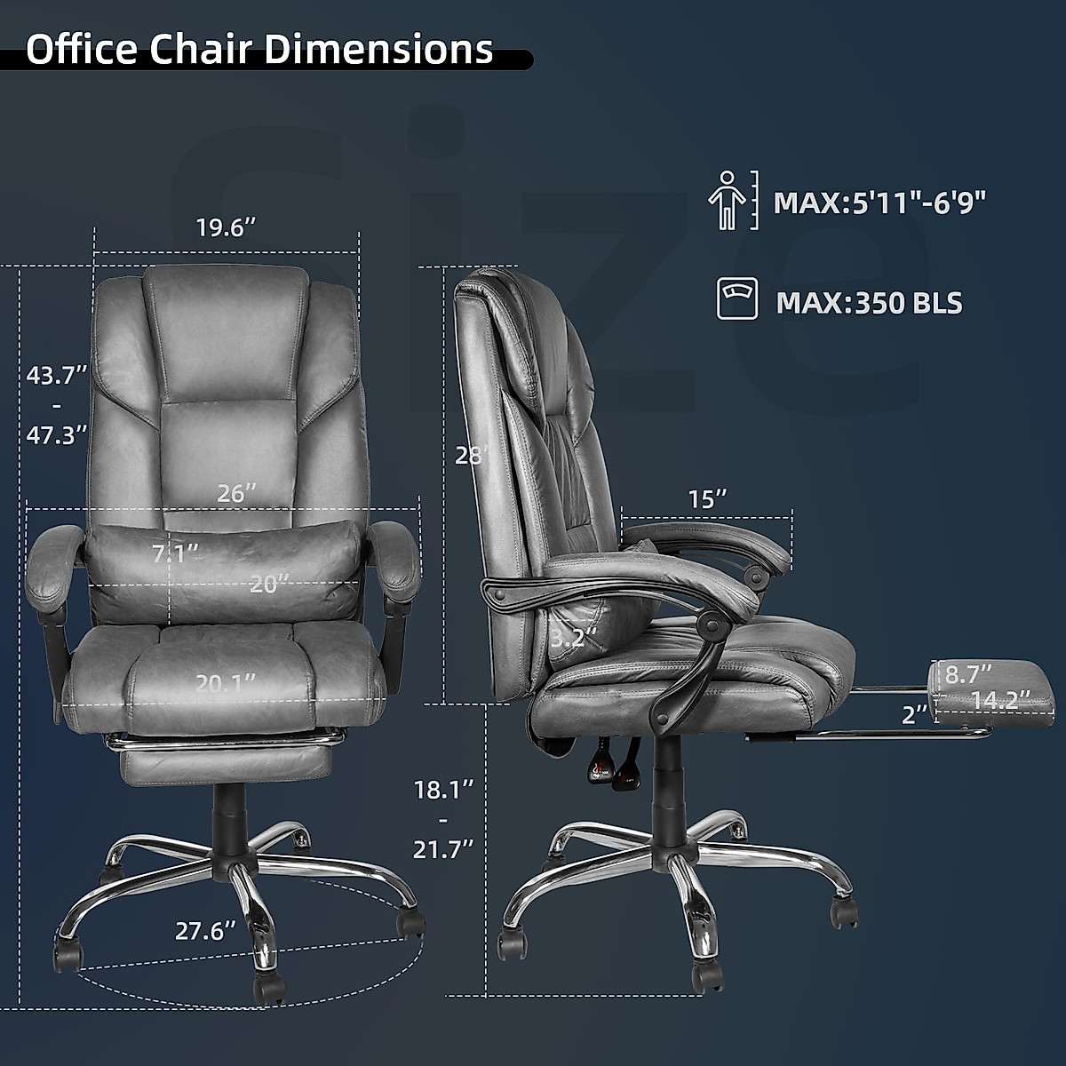 Toszn High Back Executive Office Chair, Reclining Office Chair with Footrest, PU Home Office Desk Chair Adjustable Height, Computer Desk Chair with Lumbar Cushion, Grey