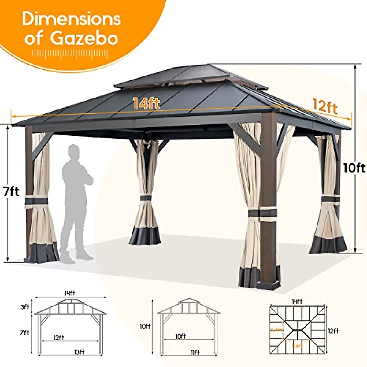 Warmally 12'×14' Hardtop Gazebo with Stable Support Posts, Outdoor Metal Gazebo with Nettings and Curtains Fast-Splicing Aluminum Structure for Patio Backyard Deck and Lawns