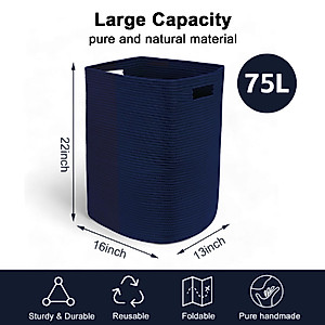 RRM Laundry Hamper 75L,13''x16''x22'' Tall Woven Cotton Laundry Basket with Handle, Decorative Storage Basket for Dirty Clothes Blankets Toys in Living/Bath/Baby/Laundry Room,Blue