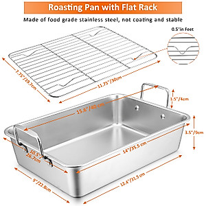 Leonyo Roasting Pan with Rack, 14 Inch Turkey Roasting Pan & Cooling Rack, Stainless Steel Baking Pans Non Stick Roaster Pan with Wire Rack for Cooking Ham, Chicken, Cake, Lasagna, Casserole