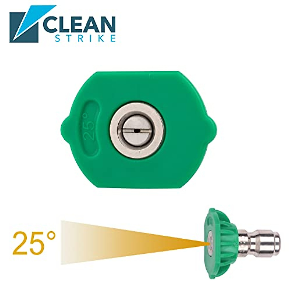 Clean Strike Professional Spray Nozzles, Green 25-Degree Spray Tips with 1/4 Inch Quick Connect Fitting, 2.0 Orifice and Pressure Washer Rated 6200 PSI, 5-Pack