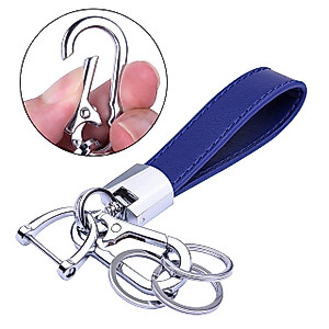 Wisdompro Genuine Leather Car Keychain, Universal Key Fob Keychain Leather Key Chain Holder for Men and Women, 360 Degree Rotatable, with Anti-lost D-ring, 3 Keyrings - Blue (Silver Carabiner Clip)