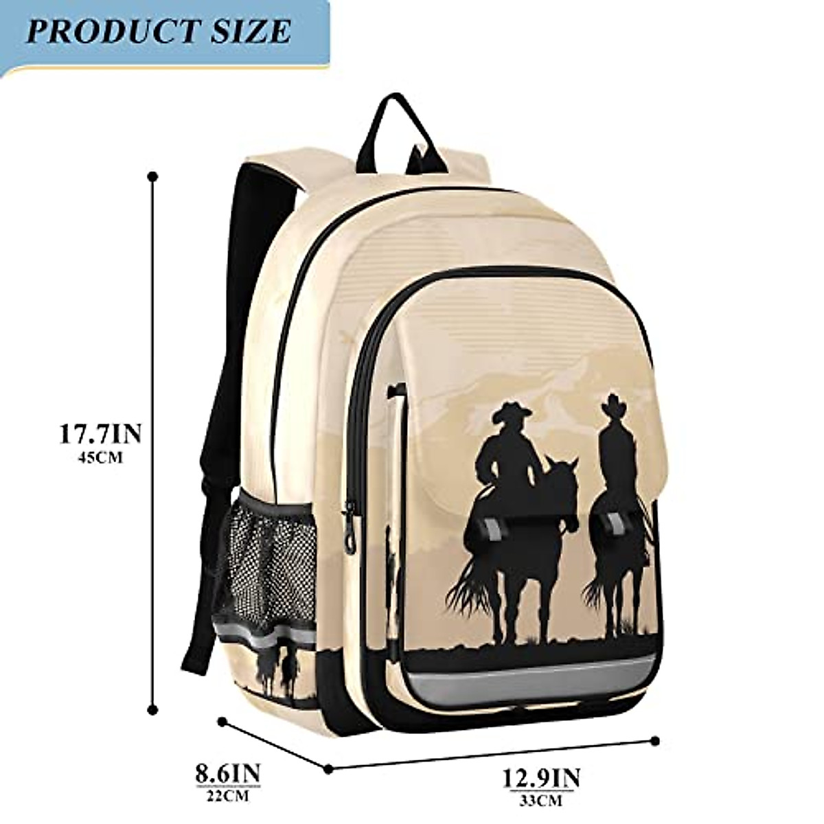 Glaphy Western Cowboy Pattern School Backpack Lightweight Laptop Backpack Student Travel Daypack with Reflective Stripes